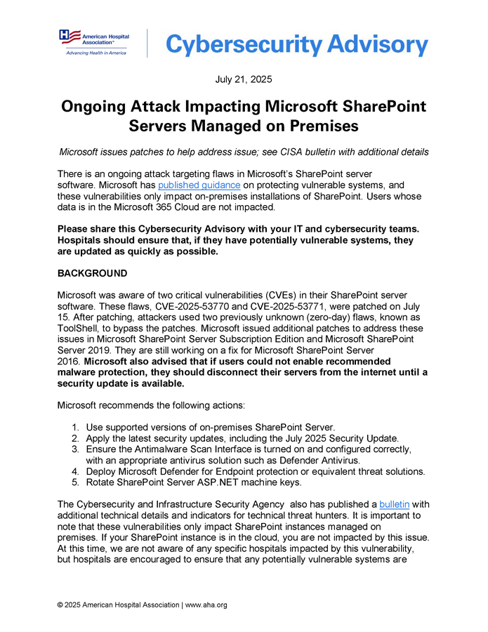 Ongoing Attack Impacting Microsoft SharePoint Servers Managed on Premises | AHA